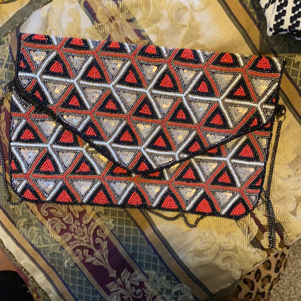 Orange , Gold And Black Bohemian Style Clutch - Gem